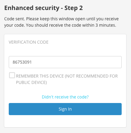 An image of step 2, entering your verification code